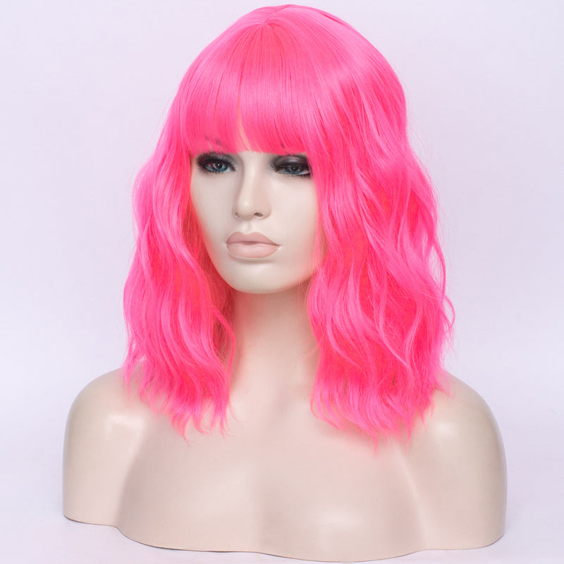 Hot pink full fringe medium curly costume wig - Smart Wigs Adelaide SA
